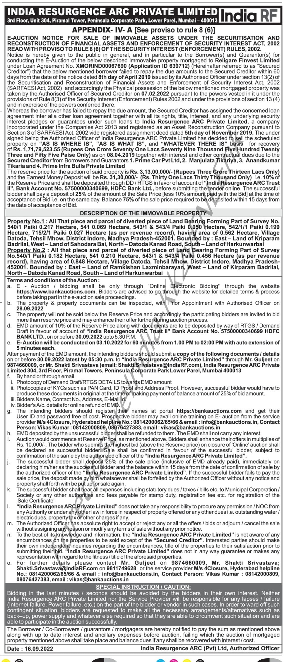 Land at Datoda, Mhow, Indore – BankAuctions.in