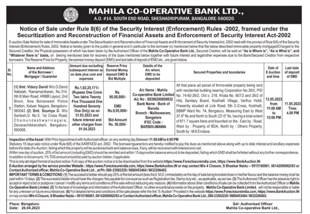 Land and Building at Kodihalli, Varthur Hobli, Bengaluru – BankAuctions.in