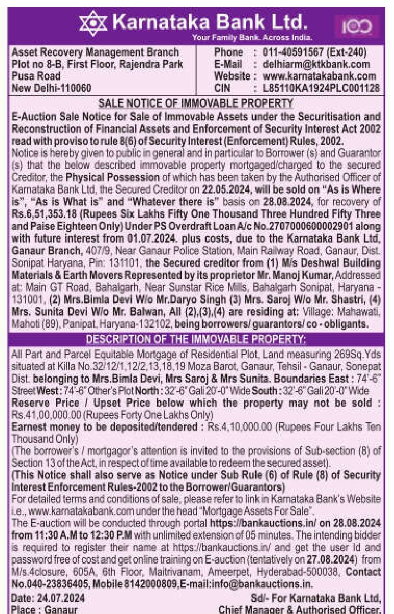 Residential Plot At Ganaur, Sonepat Dist – BankAuctions.in